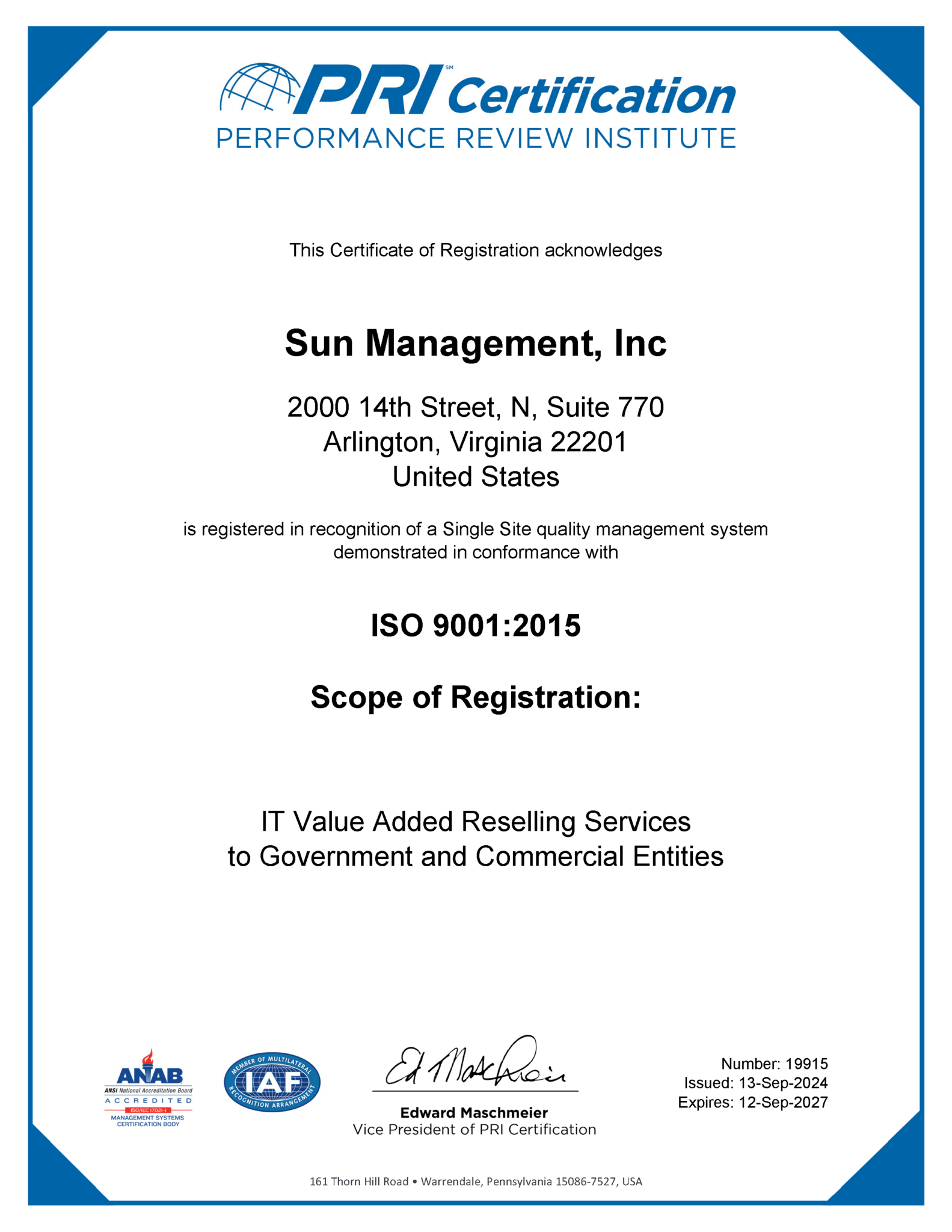 Sun Management ISO 9001 Certification - Sun Management